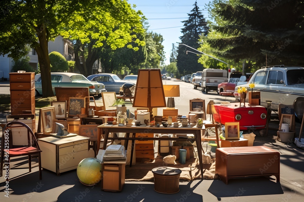 Cardboard boxes with used stuff for sale at the flea market,garage sale ...
