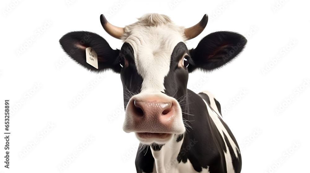 Black and white healthy, cute cow with a curious look looking at the ...