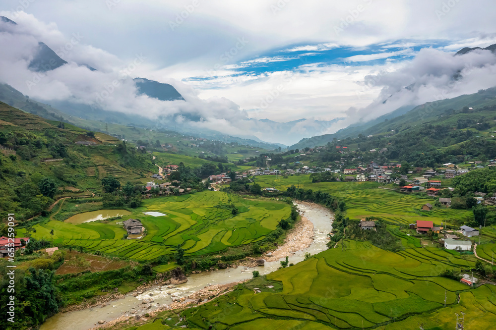 Aerial view of rice field or rice terraces , Sapa, Vietnam. Lao Chai ...