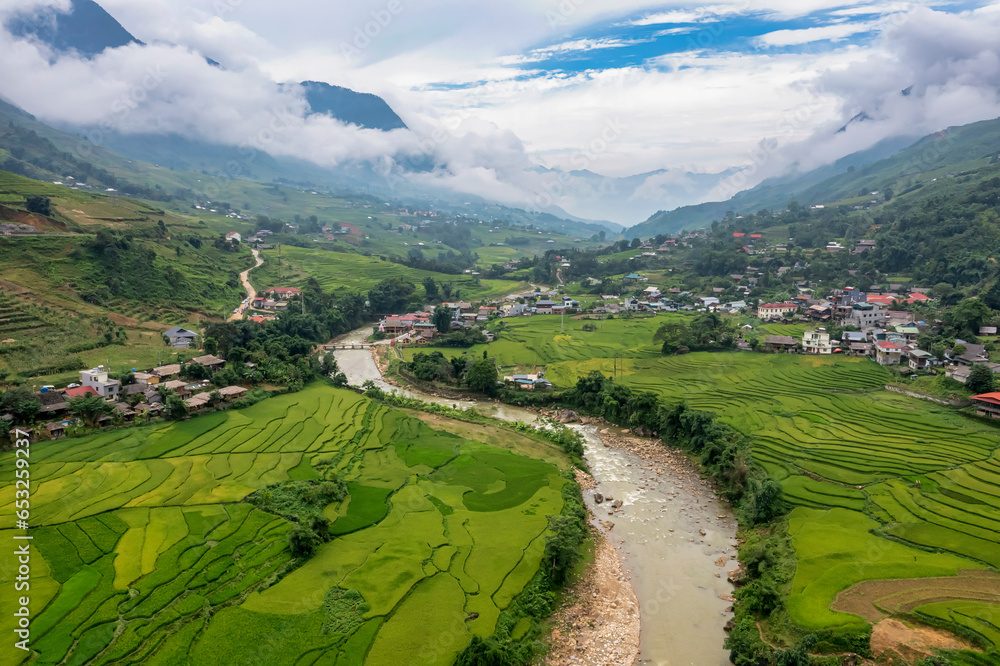 Aerial view of rice field or rice terraces , Sapa, Vietnam. Lao Chai ...