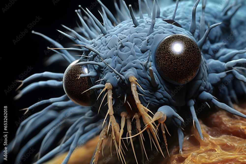 Dust mite magnified through an electron microscope, isolated on black ...