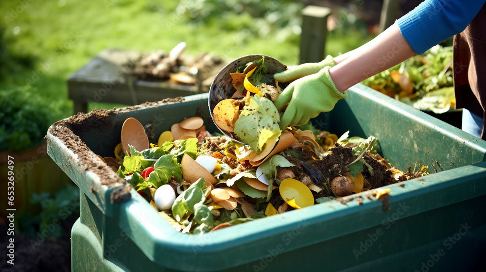 Person composting food waste in backyard compost bin garden Stock ...