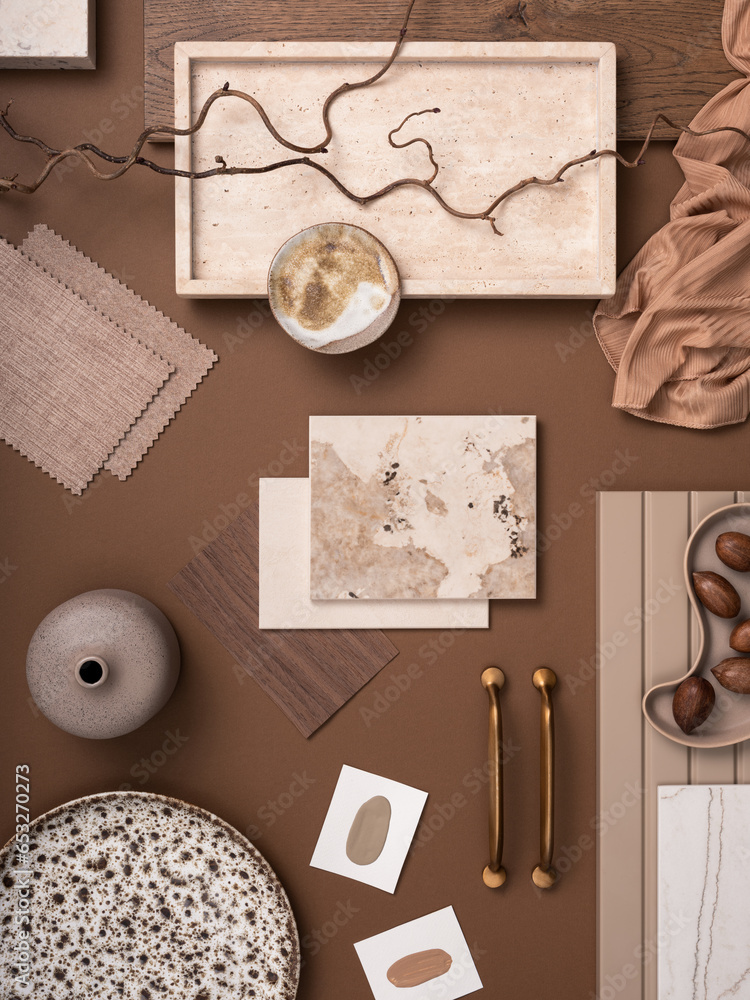 Elegant flat lay composition in brown and beige color palette with ...