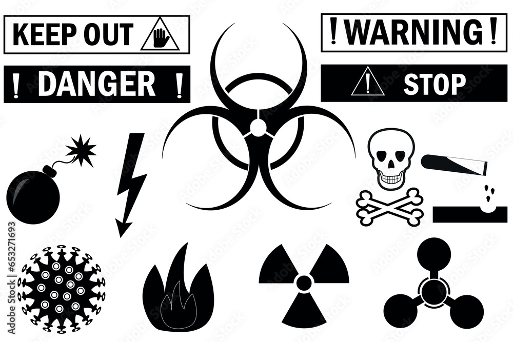 Set of icons and warning signs of danger. Elements of different types ...