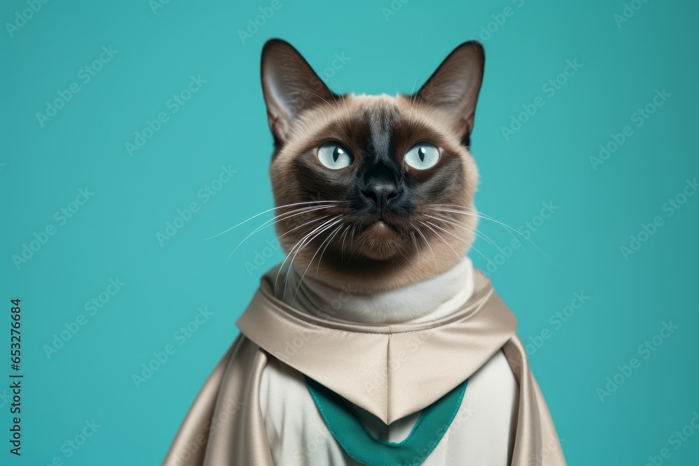 smiling siamese cat wearing a superhero costume while standing against ...