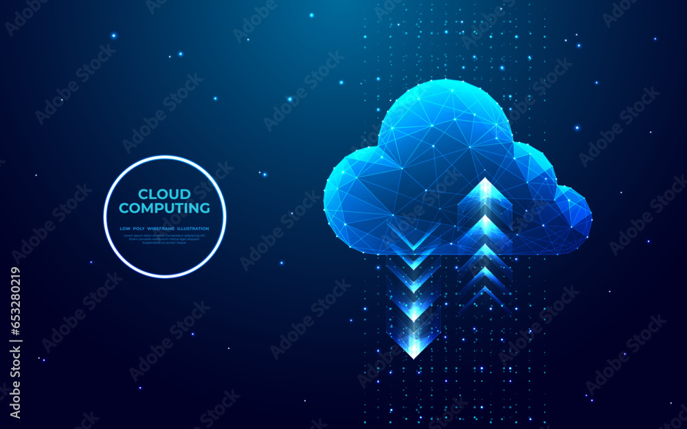 Abstract Cloud Technology. Digital cloud storage sign with two arrows up and down on dark blue ...