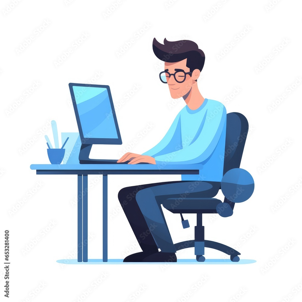 Cartoon illustration of a geek working in front of a computer, AI ...