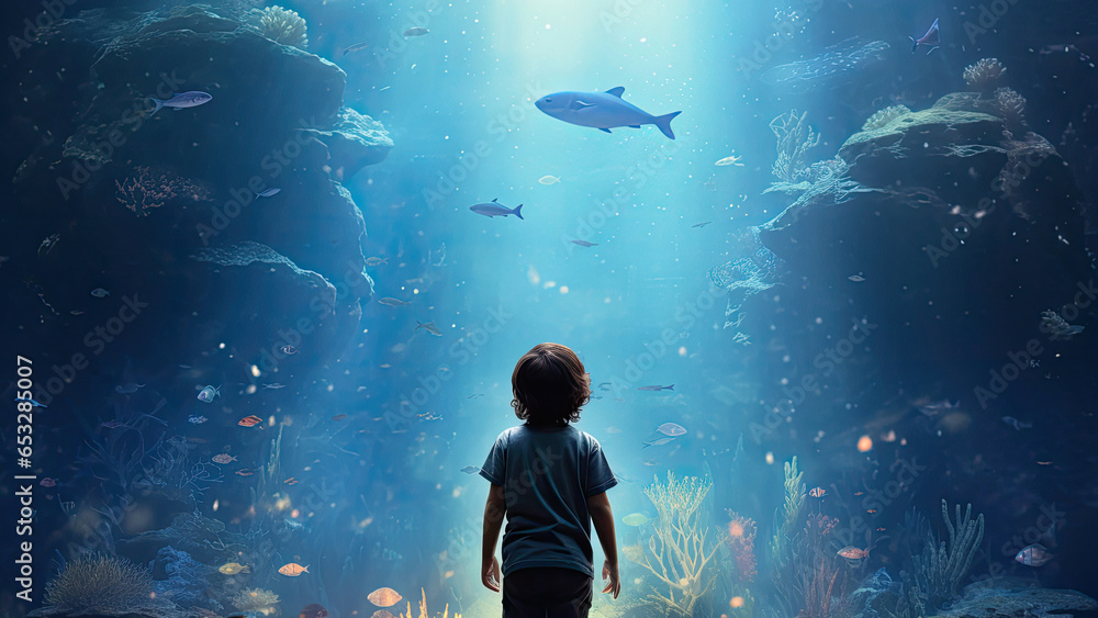 A young boy gazing in wonder at the underwater world of a large ...