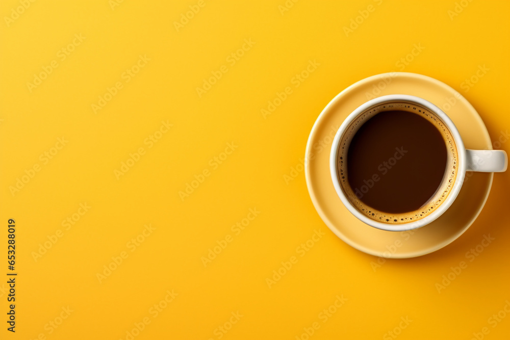 espresso coffee on a yellow background with empty space around it taken ...