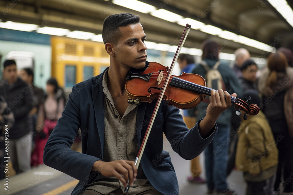 Foto de In a bustling train station, a musician's violin echoed through ...