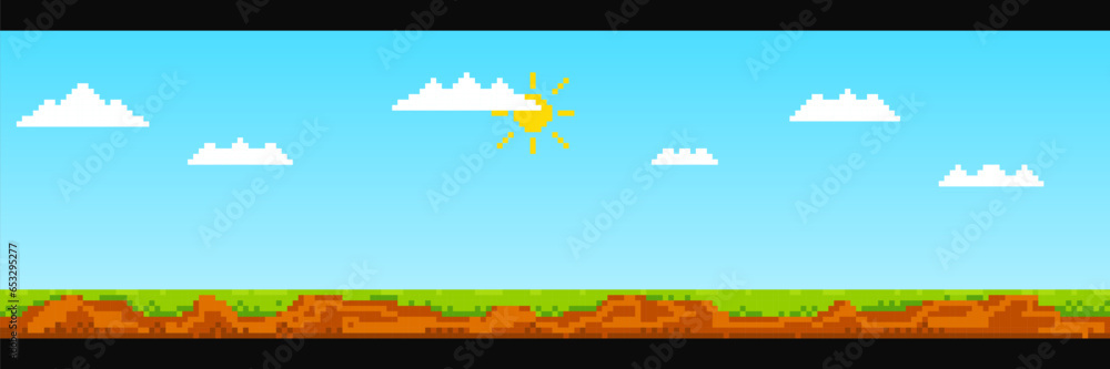 Pixelated seamless landscape background with sky, clouds, sun, rth to ...