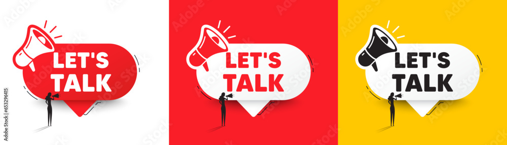 Lets talk tag. Speech bubble with megaphone and woman silhouette ...