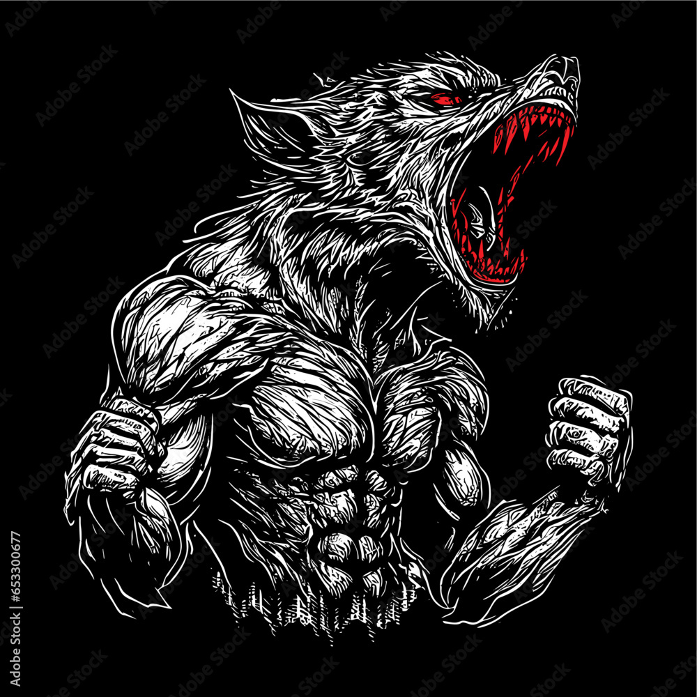 The Wild Body Builder Roaring Wolf in white colour with eyes and teeth ...