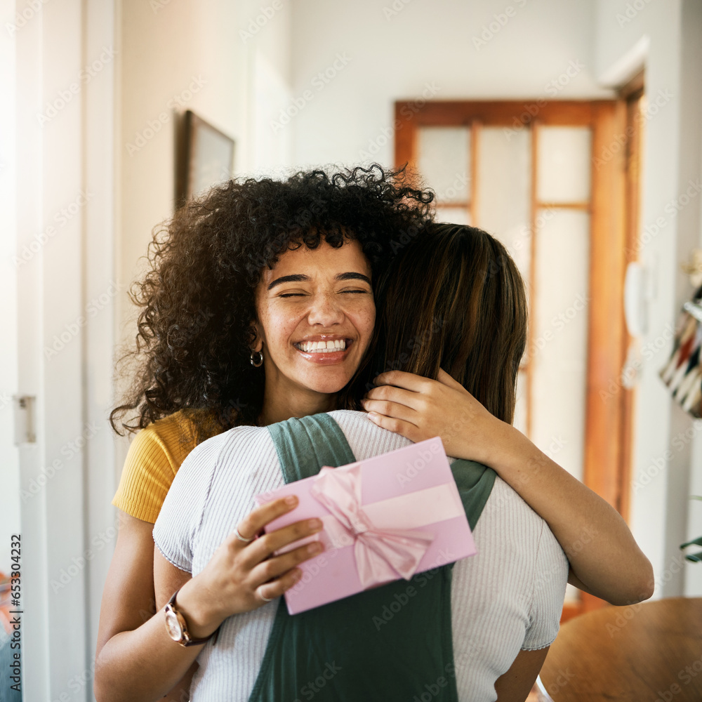 Excited, happy hug and present for birthday of girl friends and smile ...