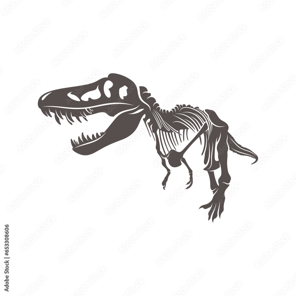T rex dinosaur skeleton negative space silhouette illustration. Prehistoric creature bones ...