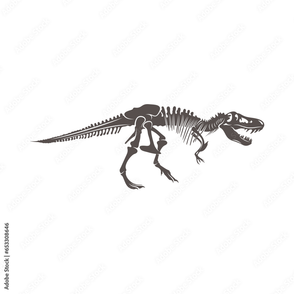 T rex dinosaur skeleton negative space silhouette illustration. Prehistoric creature bones ...
