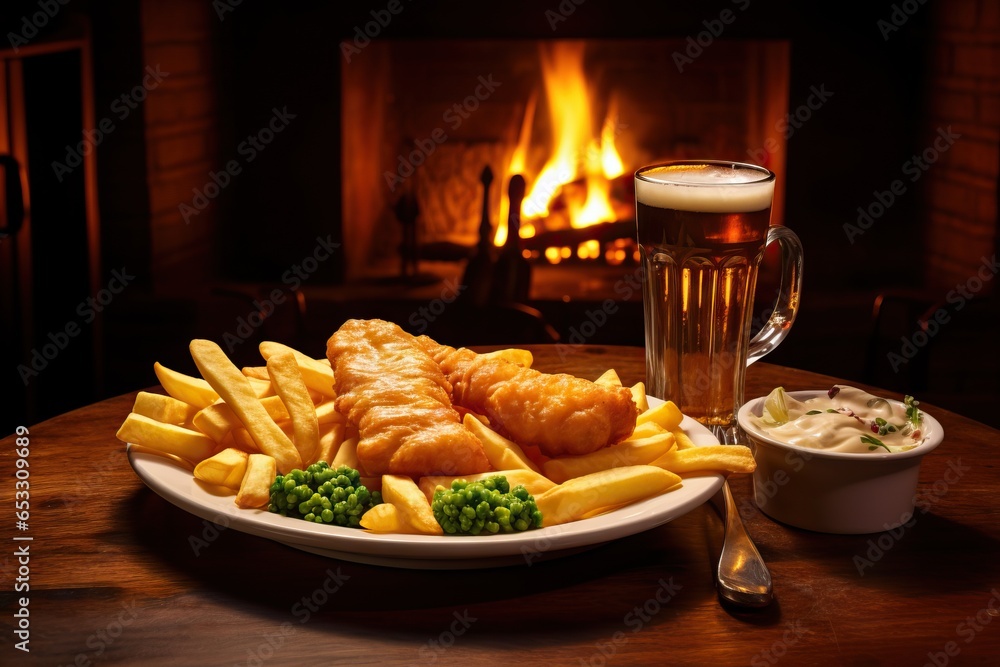 A traditional British pub scene with a pint of beer, a plate of ...