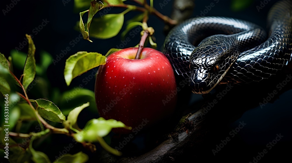 Serpent-tempter crawling on a tree branch and forbidden fruit in the ...