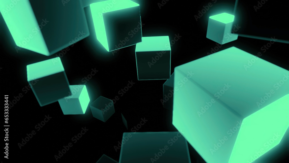 3D cubes rotate in air. Design. Glowing 3d cubes move in space on black ...