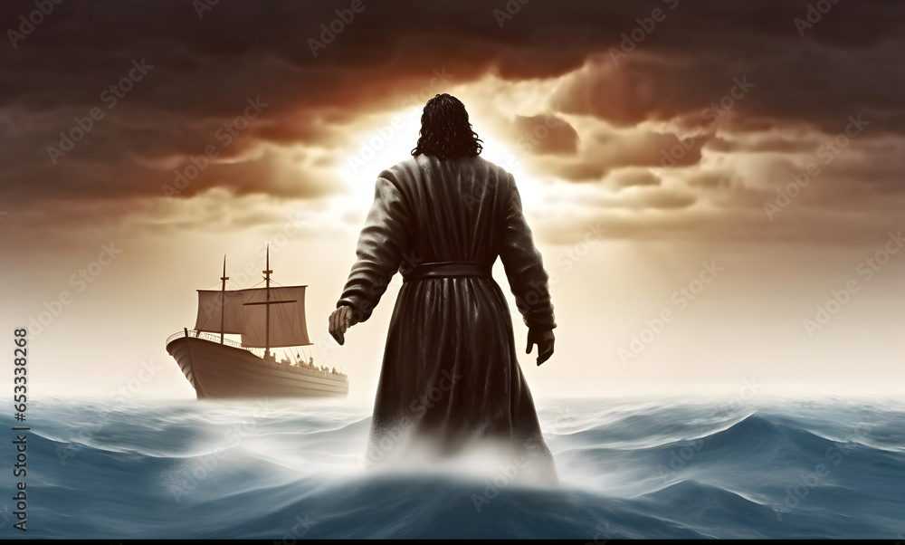 Jesus Christ walking on water across the sea towards a boat. Stock ...