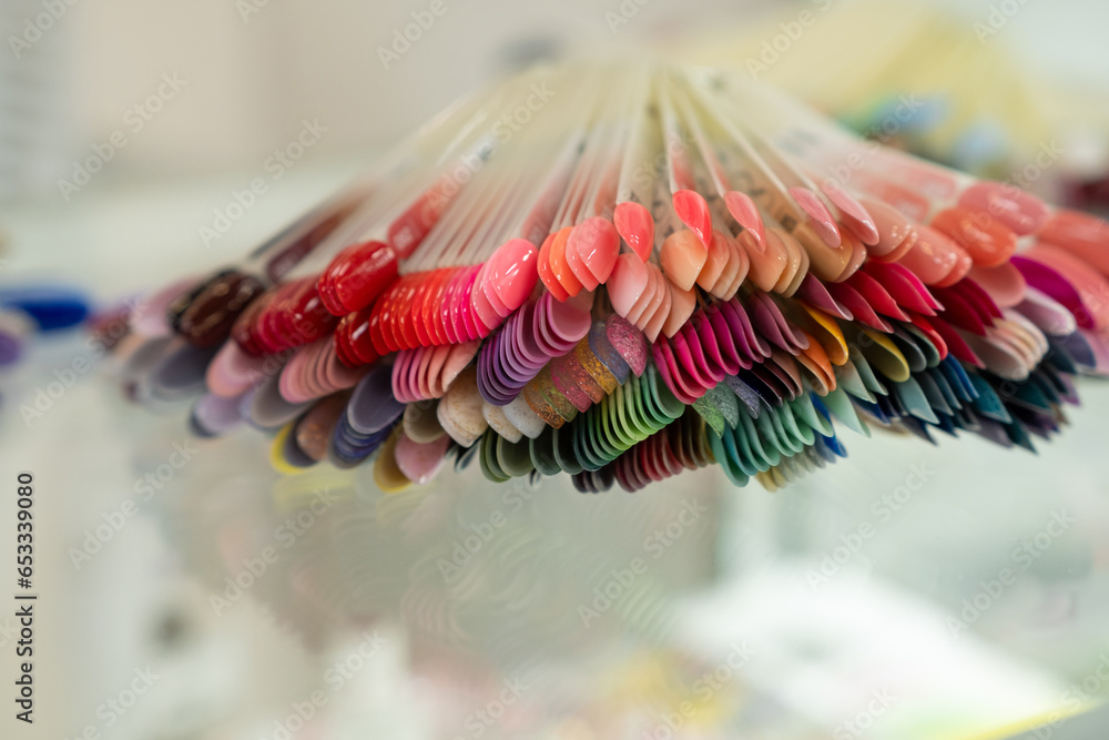 Collection of nails color polish samples. A palette of nail designs of ...