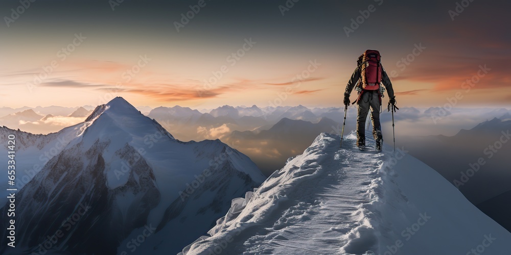 AI Generated. AI Generative. Winter snow ice mountain hiking trekking ...