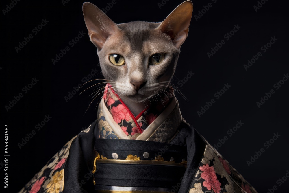 Group portrait photography of a smiling oriental shorthair cat wearing ...
