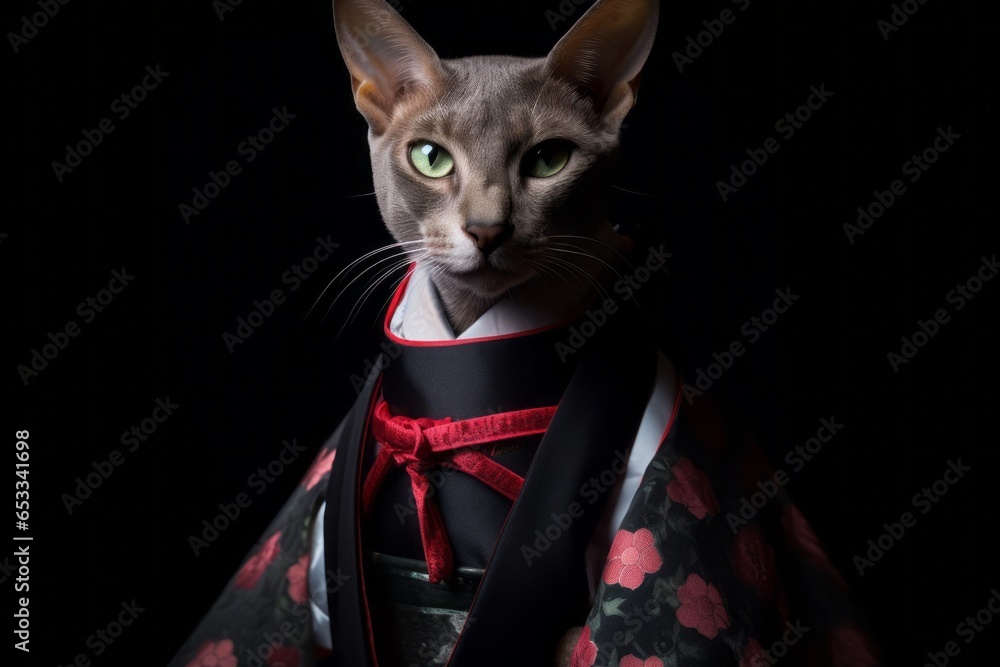 Group portrait photography of a smiling oriental shorthair cat wearing ...