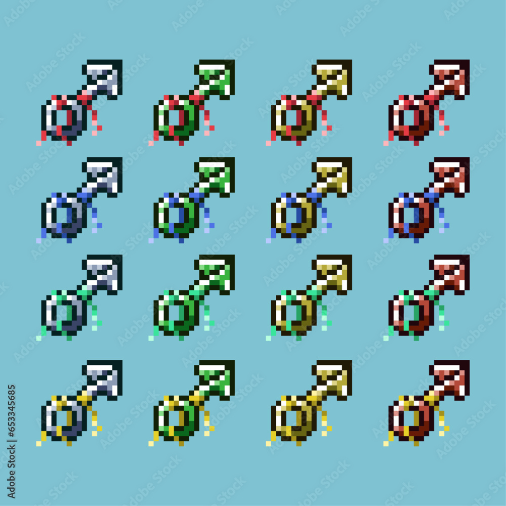 Pixel art sets of throwing weapon with variation color item asset simple bits of ninja dagger on ...