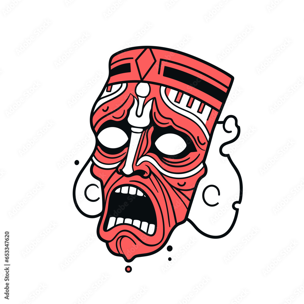 Greek tragedy mask vector icon in minimalistic, black and red line work ...