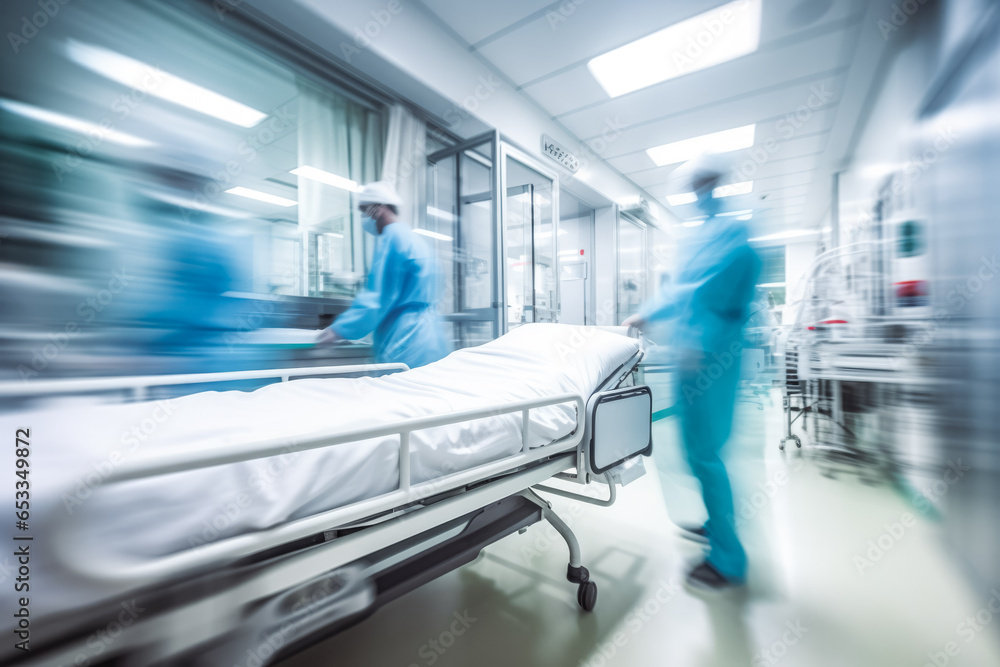 Hospital emergency team rush patient on gurney to the operation room ...