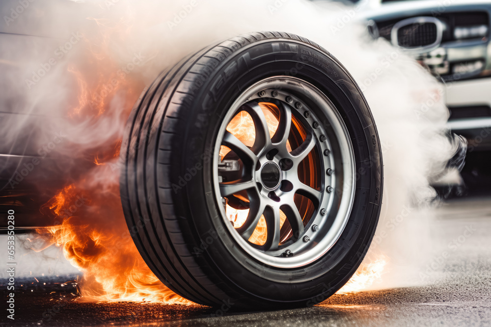Smoke tires. A fast race car peels out on the starting line of a ...