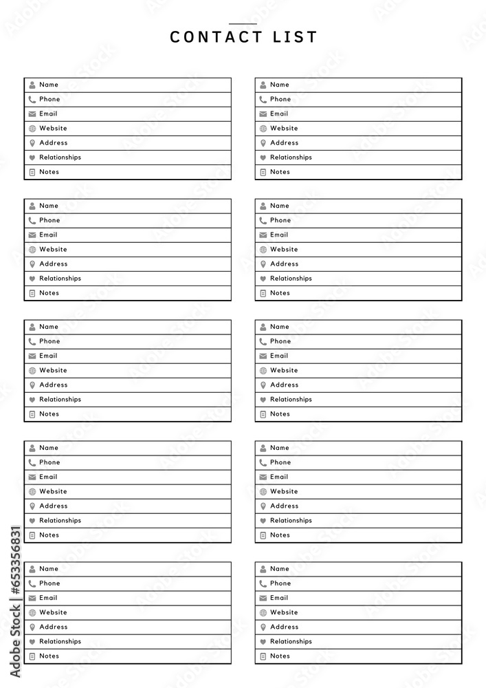 Contact List Template Sheet, Minimal and Simple Contact List Template ...