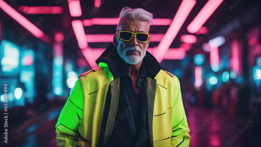 A high-fashion photo featuring an old male model in neon outfit avant ...