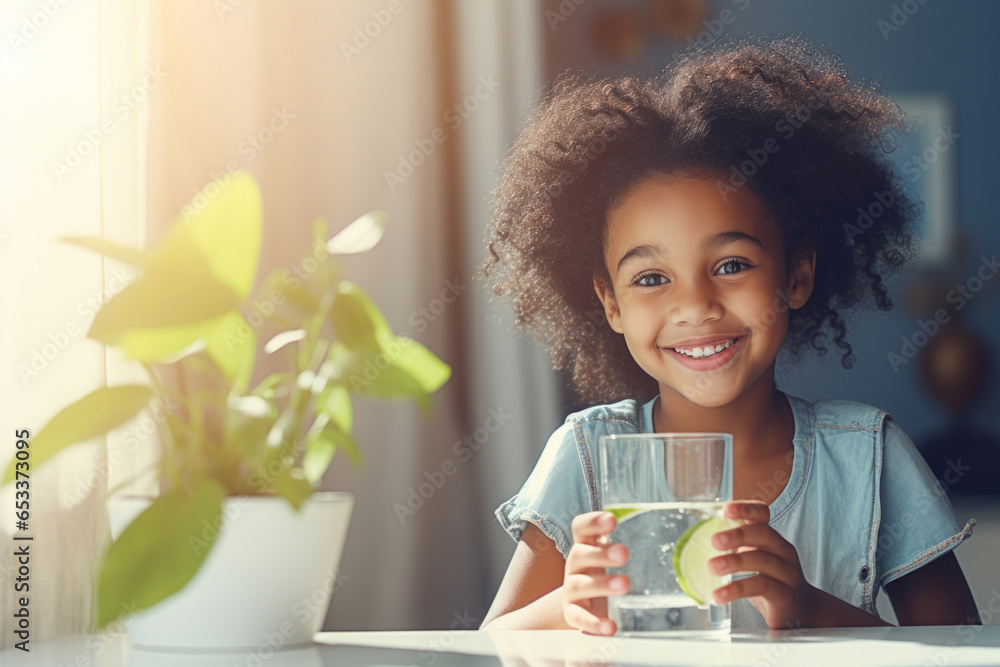 Pretty little back child drinking fresh water on sunny summer day at ...
