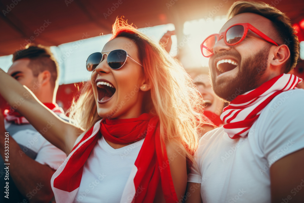 Foto de Excited sports fans wearing red and white clothes celebrating ...