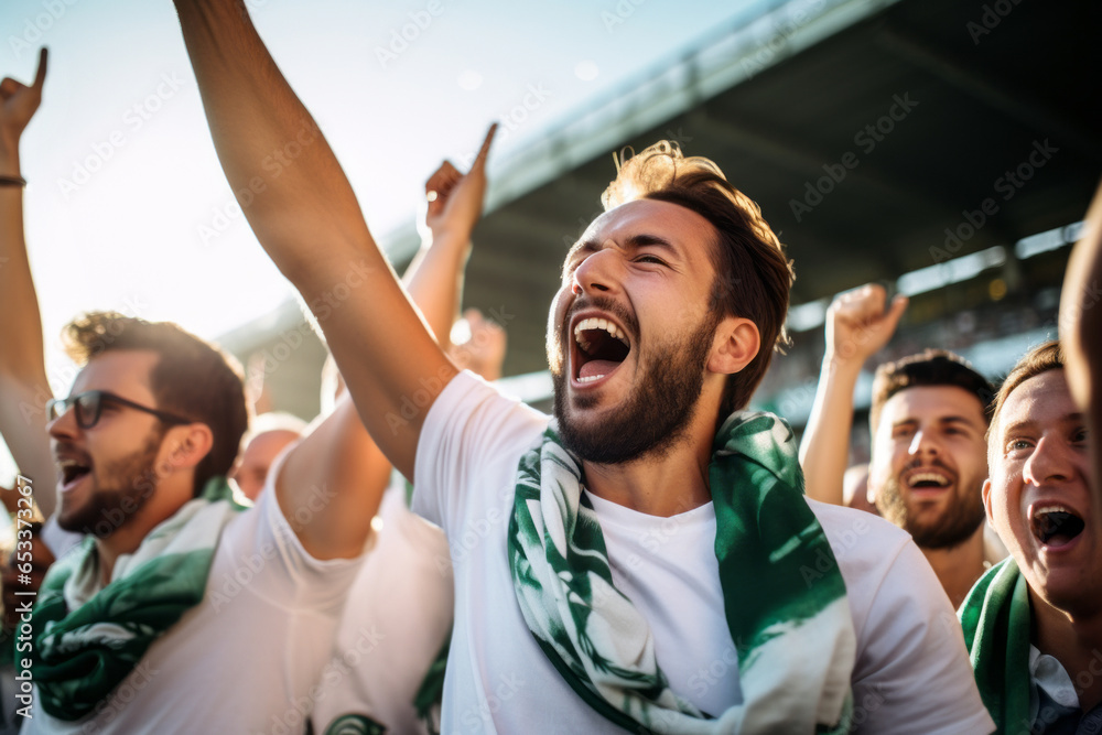 Excited sports fans wearing green and white clothes celebrating the ...