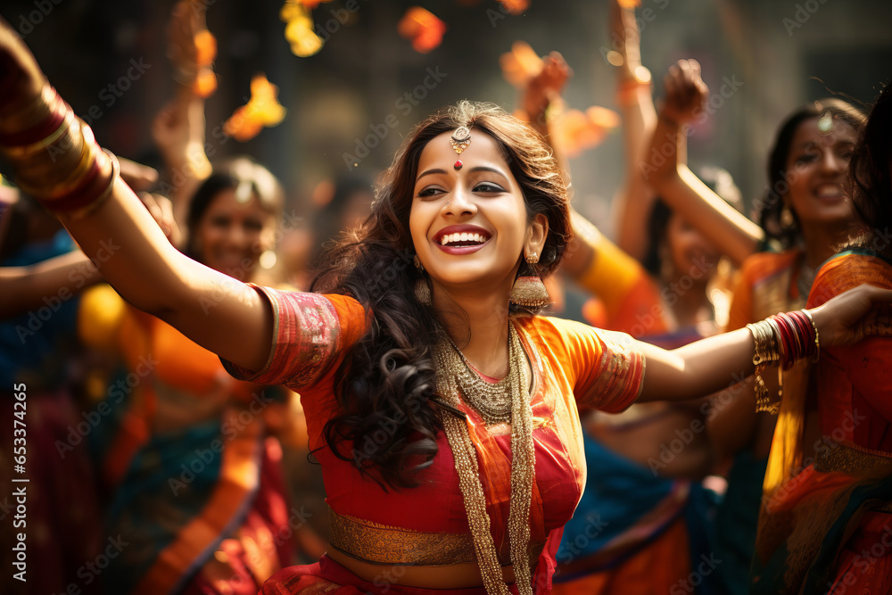 Beautiful Indian women wearing vivid colorful clothes singing and ...