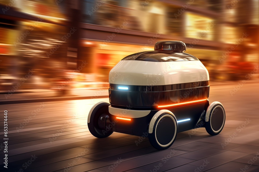 Modern automated food delivery robot riding on city street. Autonomous ...