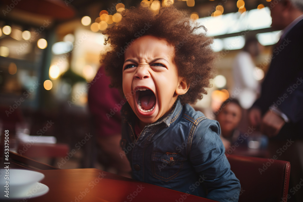 Toddler having a temper tantrum in a restaurant or cafe. Sad child ...