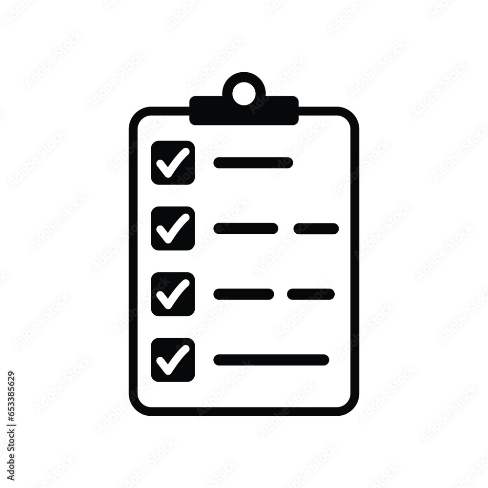 checklist icon. clipboard with white check mark sign on black square ...