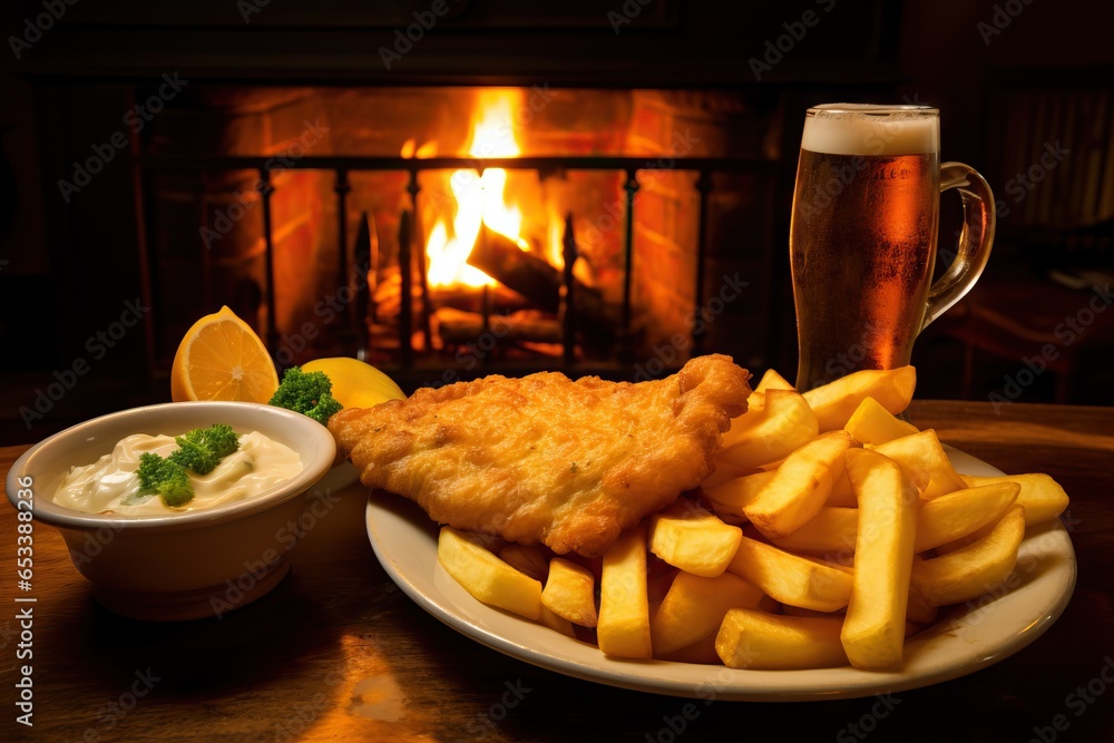 A traditional British pub scene with a pint of beer, a plate of ...