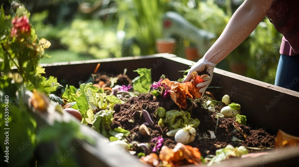 stockphoto, Person composting food waste in backyard compost bin garden ...