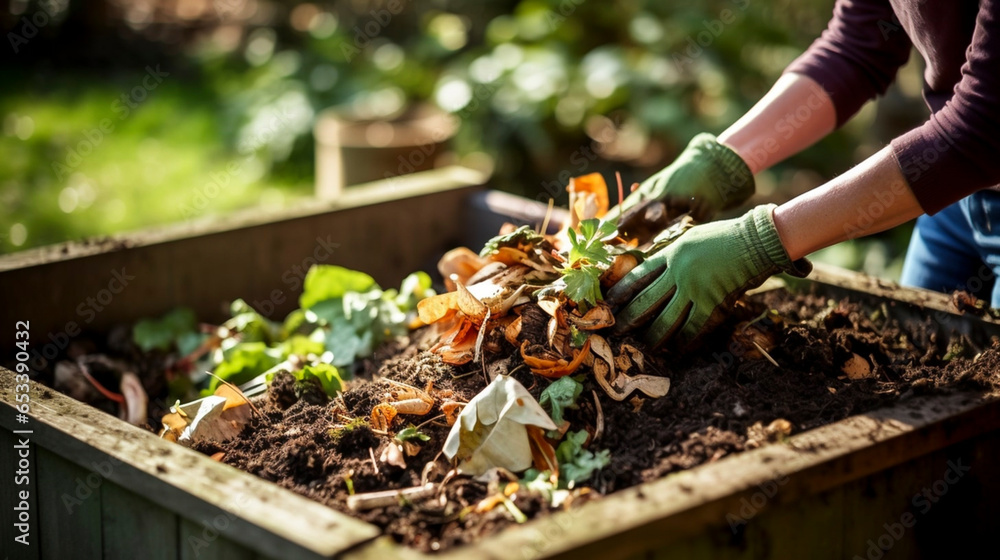 stockphoto, Person composting food waste in backyard compost bin garden ...