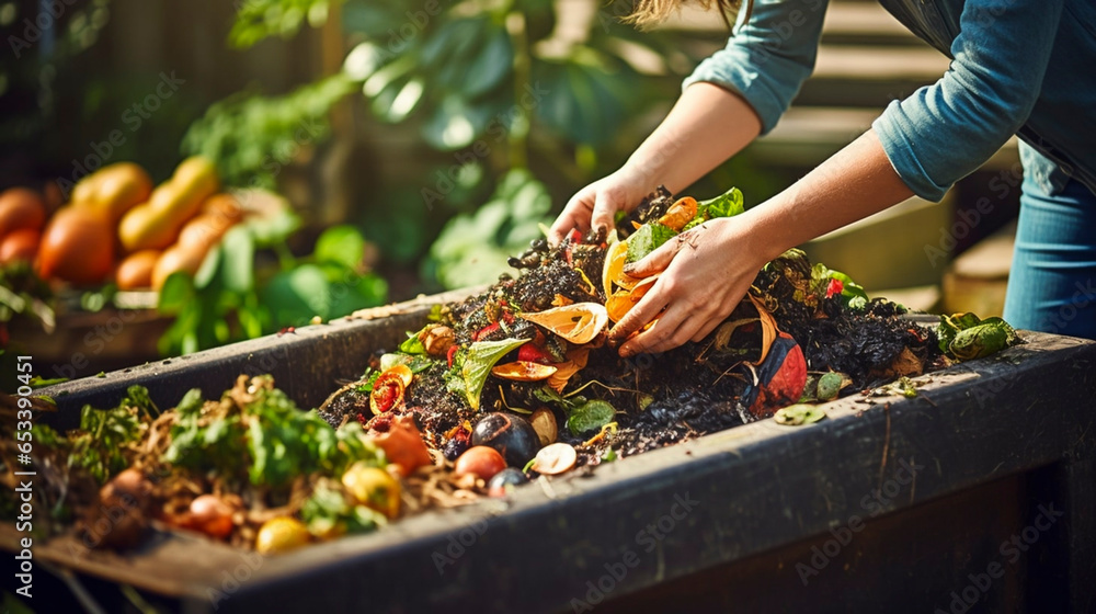 stockphoto, Person composting food waste in backyard compost bin garden ...