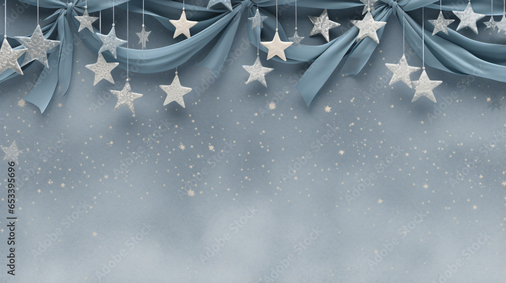 Silver ribbon and stars on silver Christmas holiday banner background ...