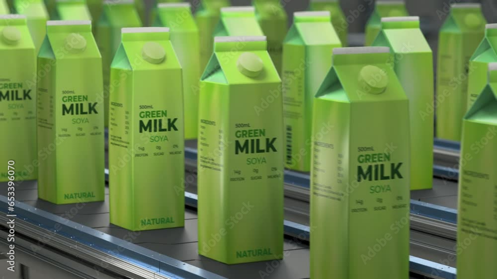 Vidéo Stock Conveyor belt transporting multiple milk cartons with peach ...