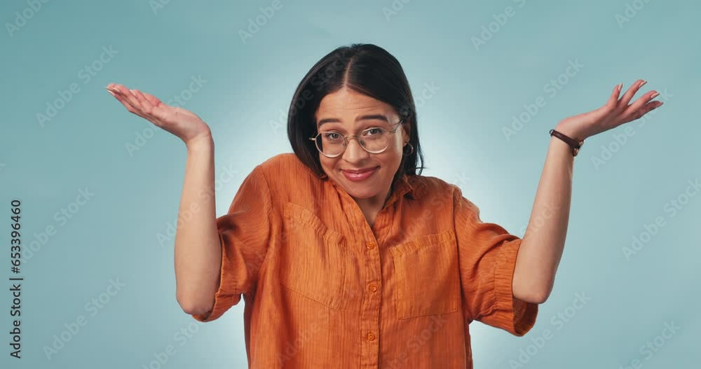 Confused, face and woman in studio with why hands for choice, dont know ...