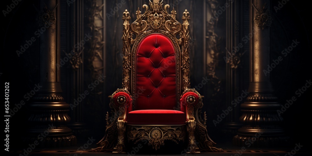 The throne, golden luxury royal chair on a dark shiny hall of gothic ...