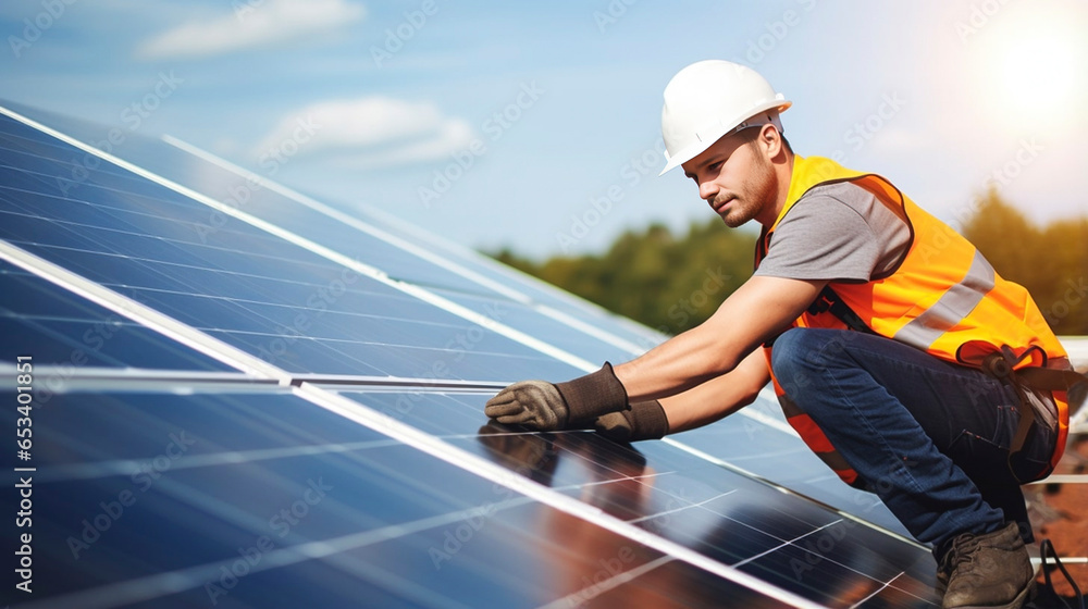 stockphoto, copy space, Male technician installing solar panel ...